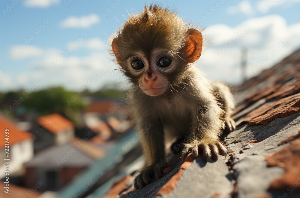 A curious macaque perches on a rooftop, surveying the vast outdoor sky ...