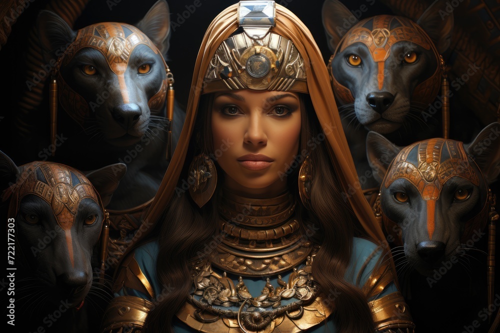 A fierce woman adorned in bronze armor stands amidst a pack of wolves ...