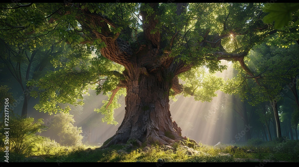 giant ancient tree, surrounded by more trees, forest, sun rays passing ...