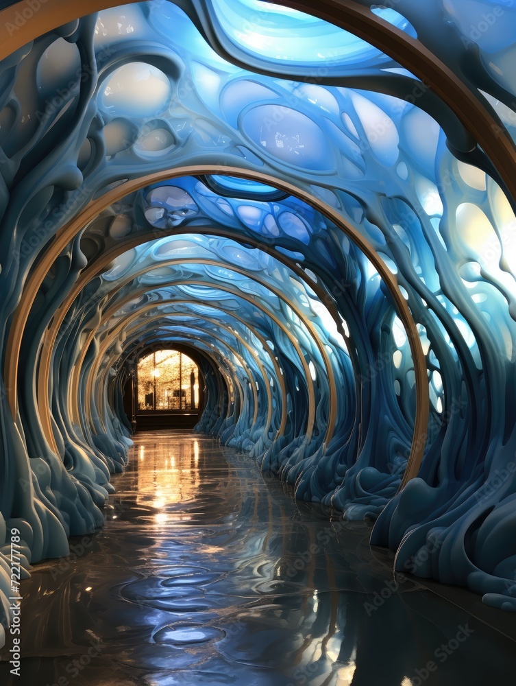 A serene and mystical underground world, where the soft glow of blue ...