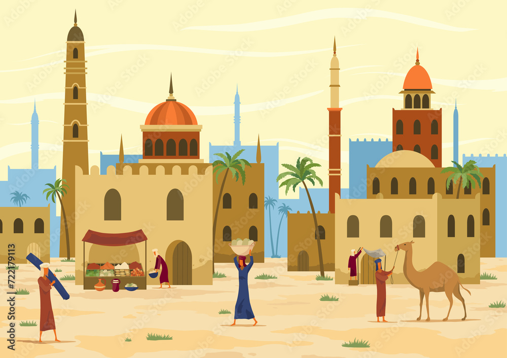 Middle east. Arabic desert landscape with traditional mud brick houses ...