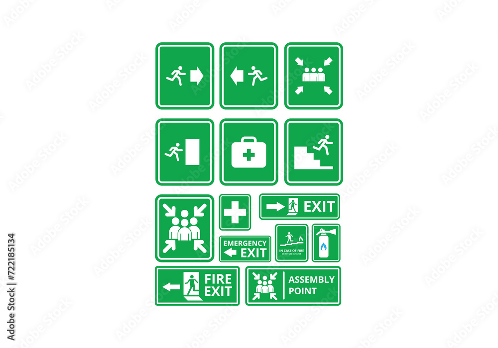 emergency exit ready. Man runs out of fire exit. Running and exit signs ...