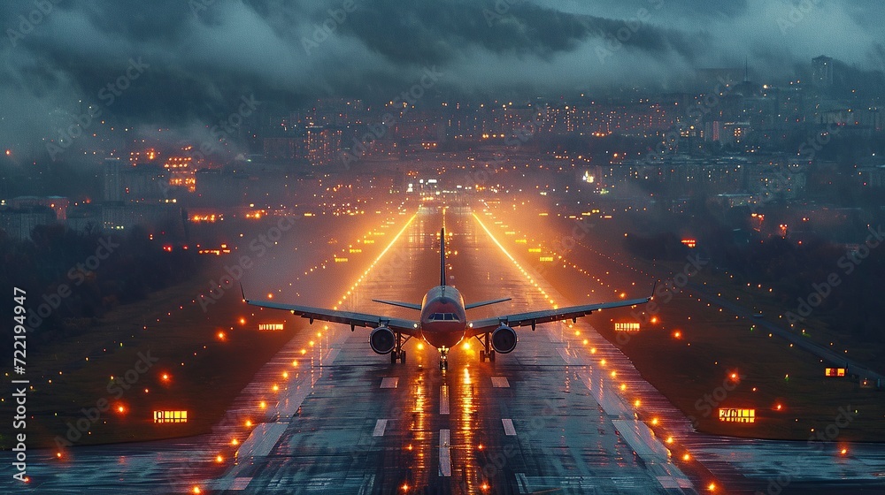 Glow of the runway guides the plane, a beacon in the night Photos ...