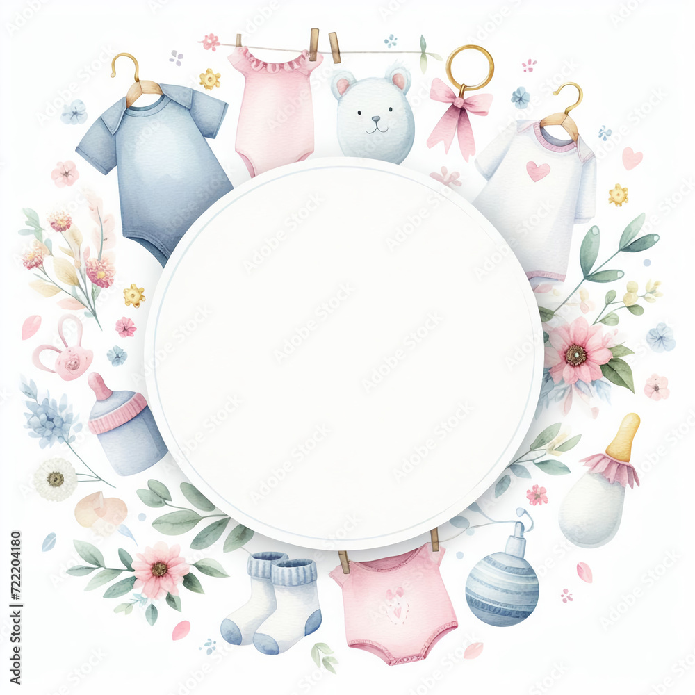 Baby Shower Card Background Frame Watercolor Illustration With White