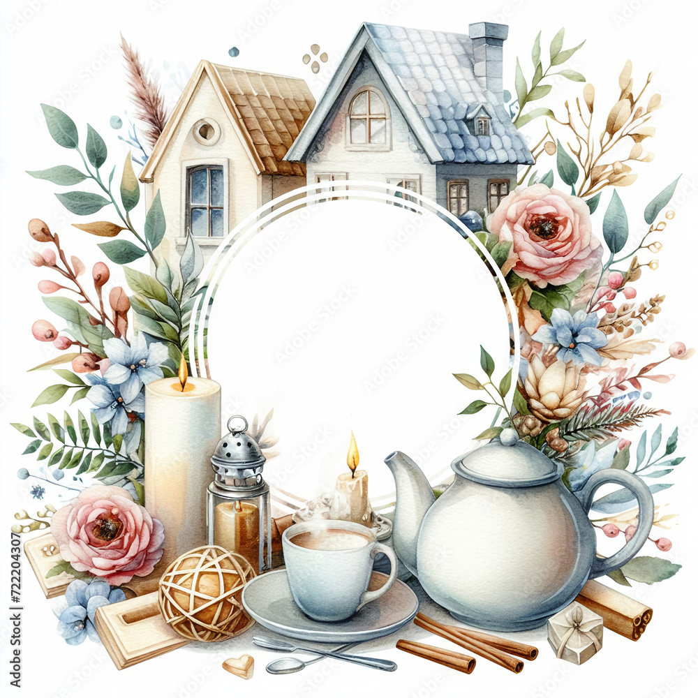 Housewarming card background frame, Watercolor illustration with white ...