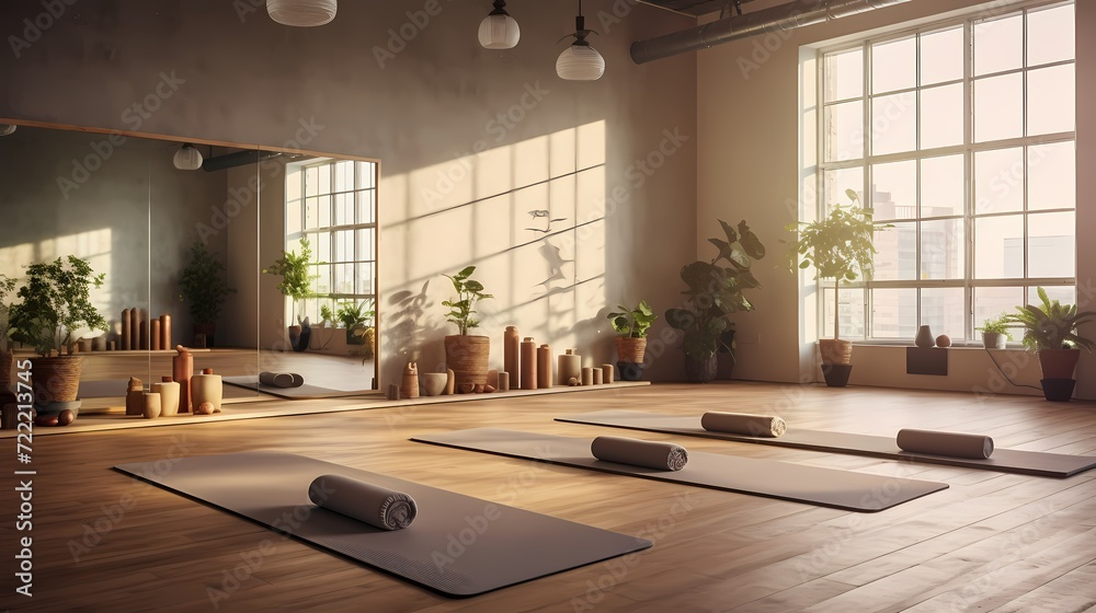 A yoga studio with mats and props arranged neatly, creating a peaceful ...