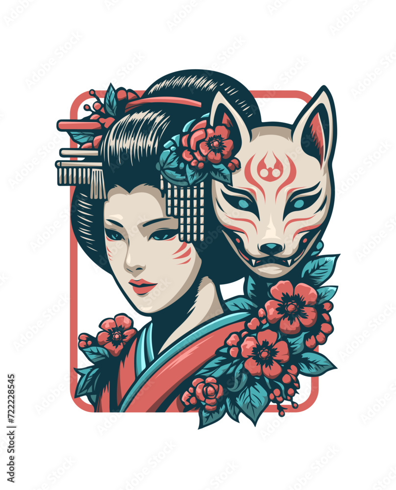 Vector t shirt design of beautiful japanese geisha with kitsune fox ...