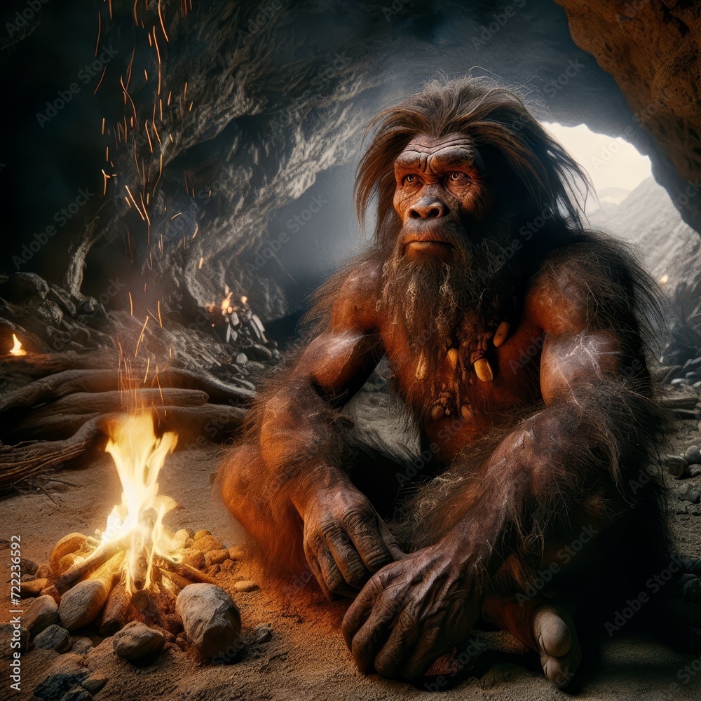 Neanderthal sits by a fire inside a cave, evoking a sense of primitive ...
