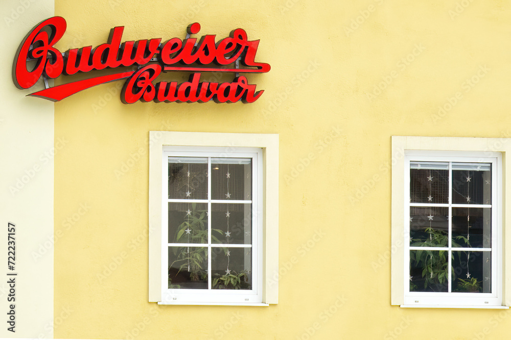Czech republic, Harrachov, January 24, 2024 - Budweiser Budvar logo ...
