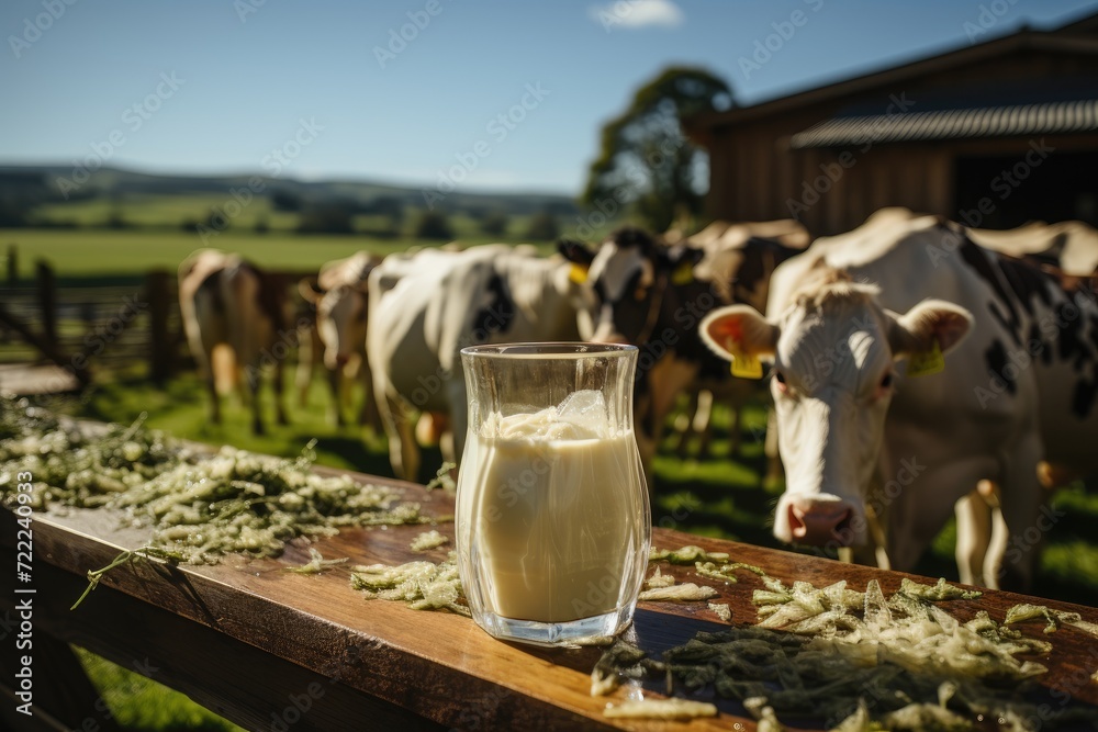 Amidst the serene outdoor landscape, a dairy cow stands proudly on the ...