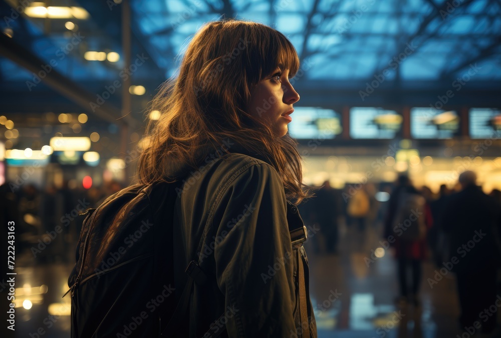 In the bustling city streets at night, a woman stands alone, her face ...