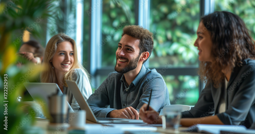 Group of happy colleagues together in the office, happy cooperation ...