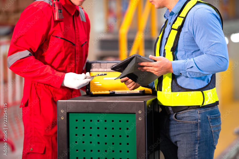 Electric train engineer and technician using repair tools of the ...