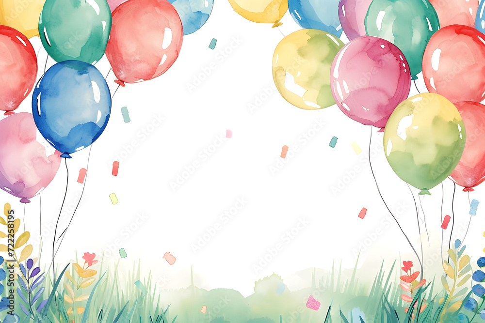 Cute cartoon colorful balloons frame border on background in watercolor ...
