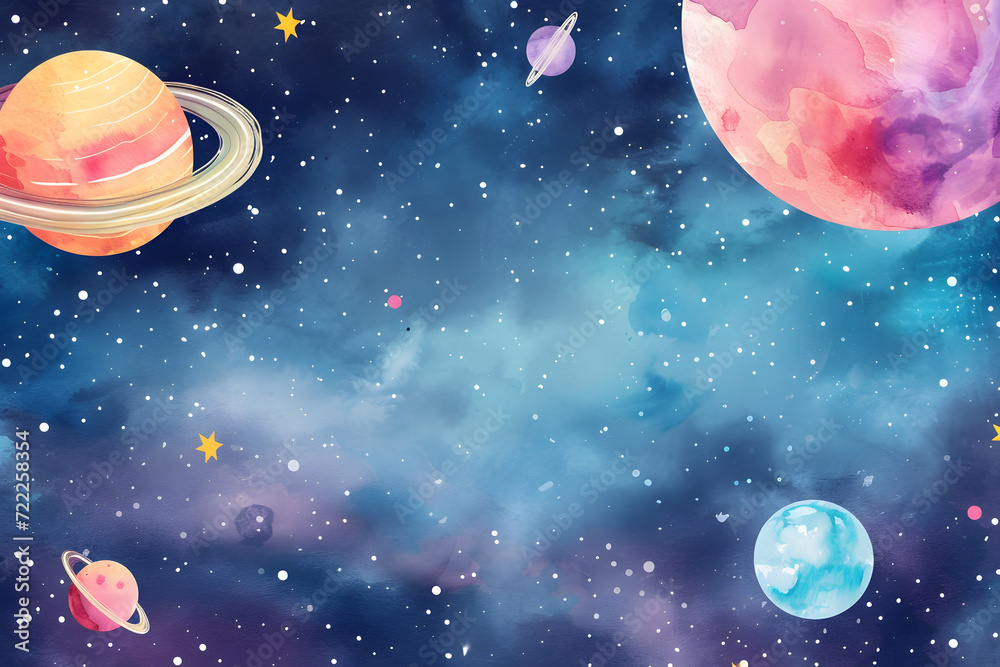 Cute cartoon space frame border on background in watercolor style ...