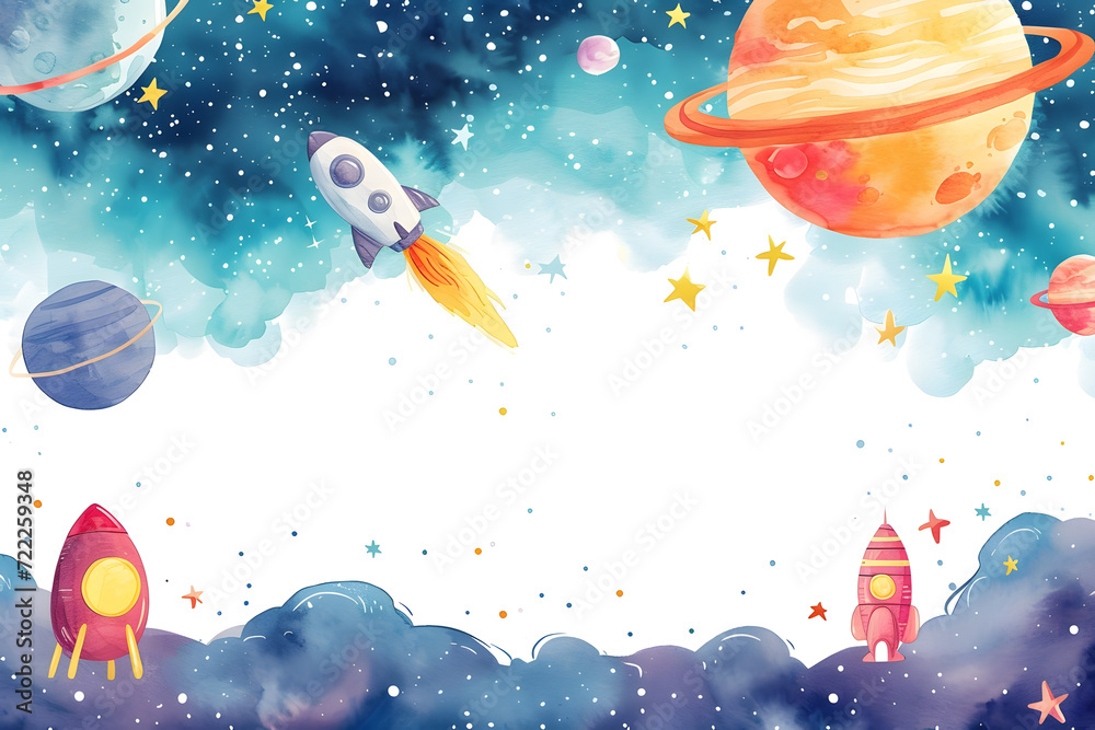 Cute cartoon space frame border on background in watercolor style ...