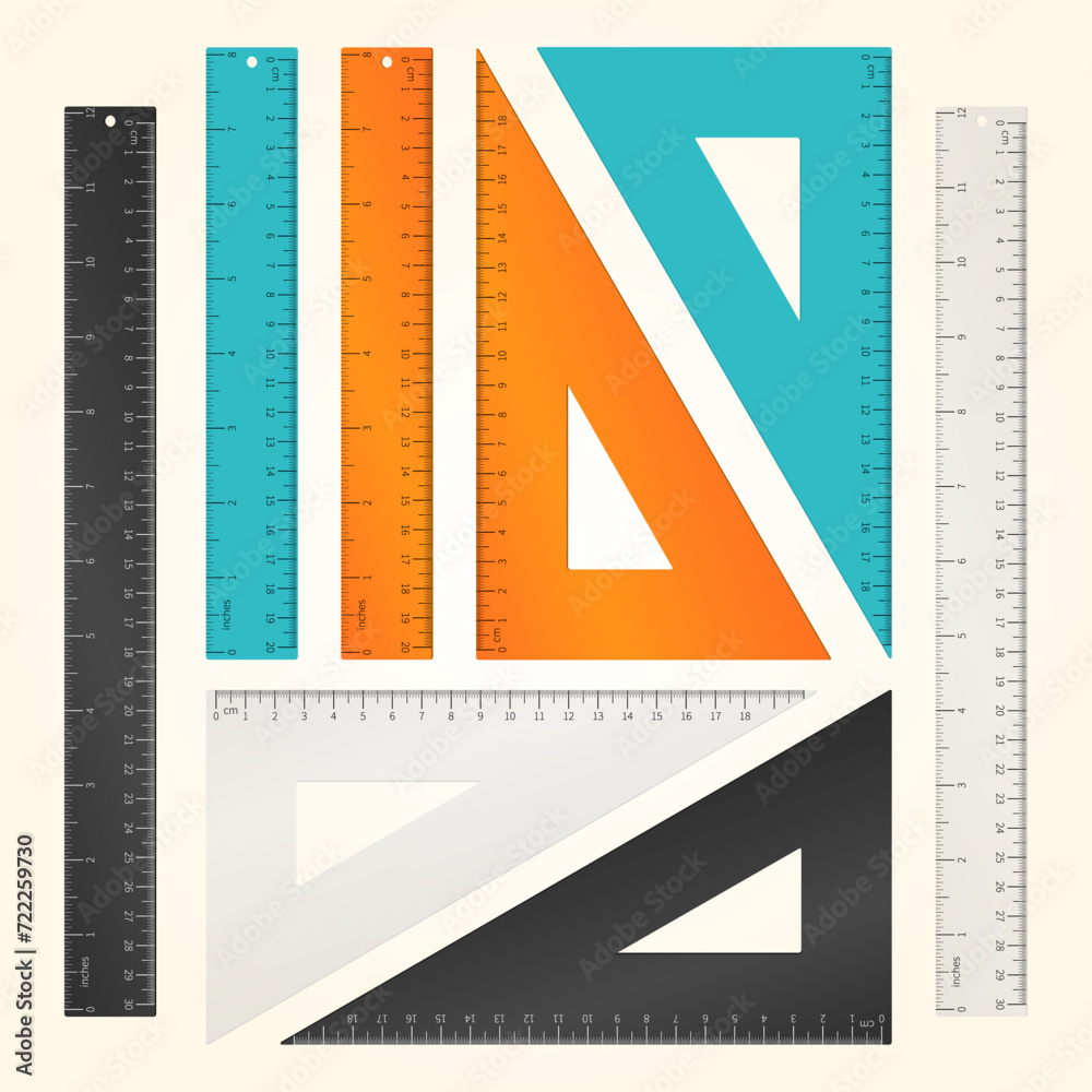 rulers triangle with inches centimeters millimeters scales set Stock ...