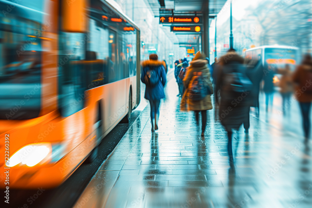 Blurred Image of People at the Bus Station. Travelers Getting the Bus ...