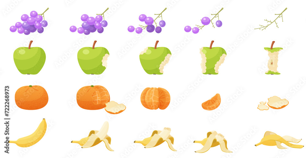 Animated steps of eating banana with peel from whole to disappear, red ...