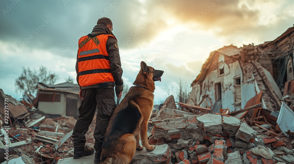 Foto de a search and rescue dog in a vest and a human rescuer on the ...