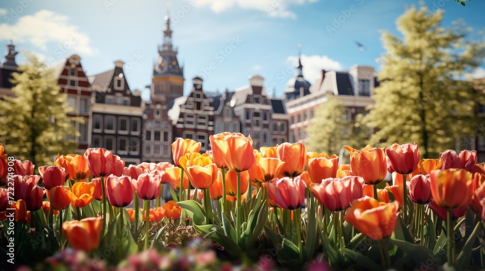 Traditional old buildings and tulips in Amsterdam, Netherlands ...