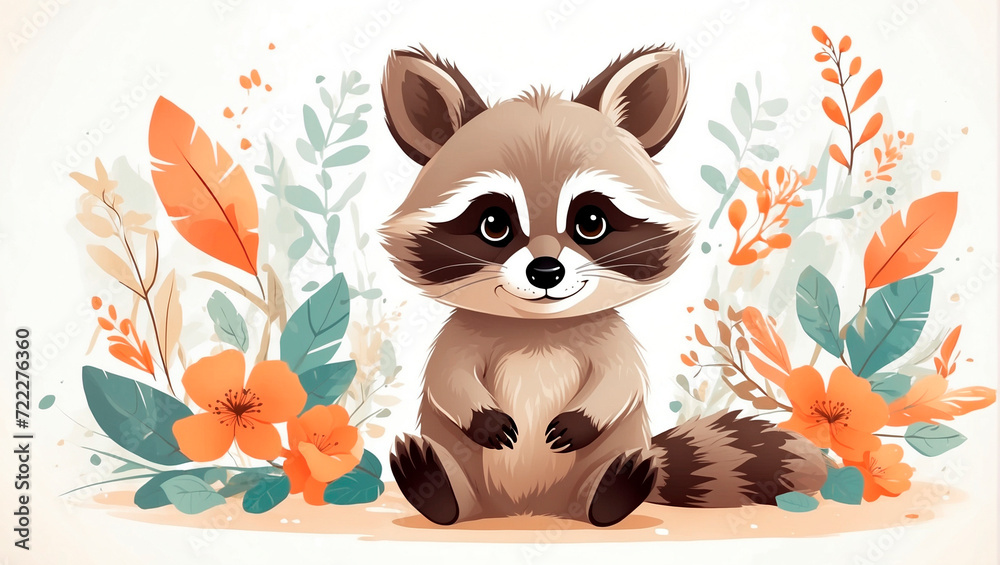 cute raccoon, drawing in pastel colors for children's room, greeting ...