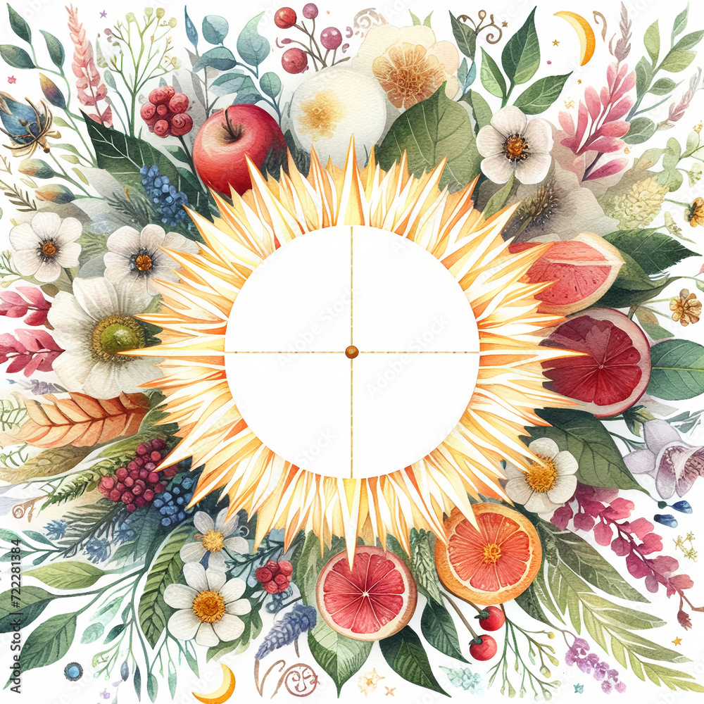 Summer Solstice card background frame, Watercolor illustration with ...