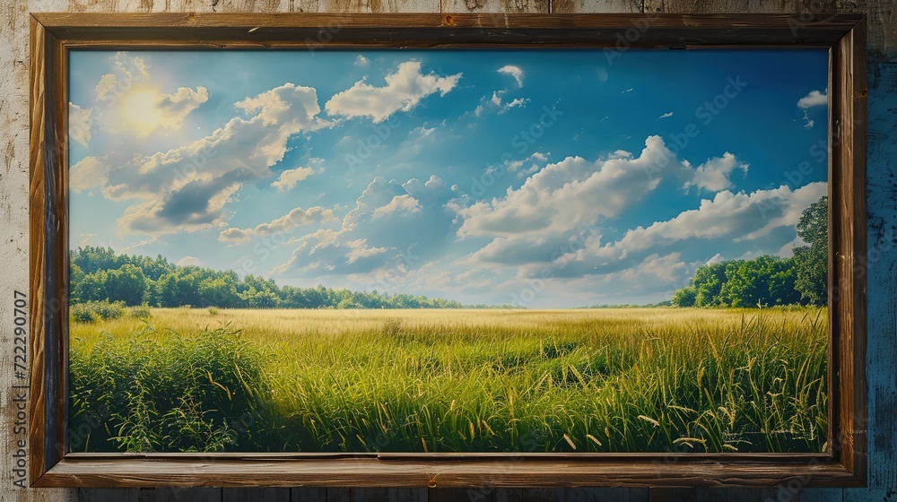 An evocative vintage-framed landscape painting that captures the golden ...