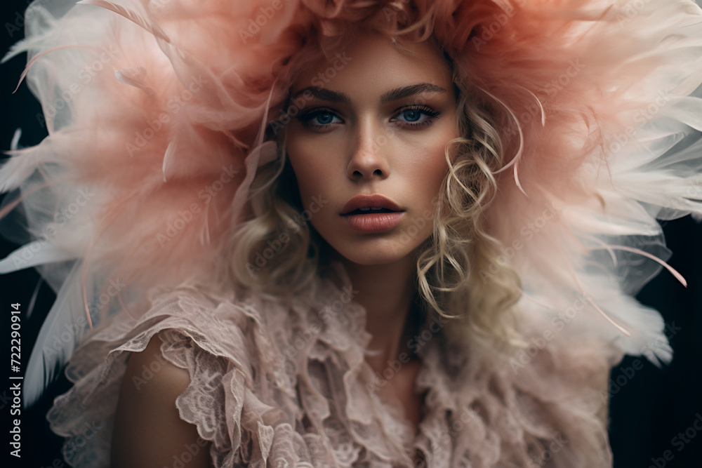 Vibrant color portrait of enigmatic fashion model in haute couture ...