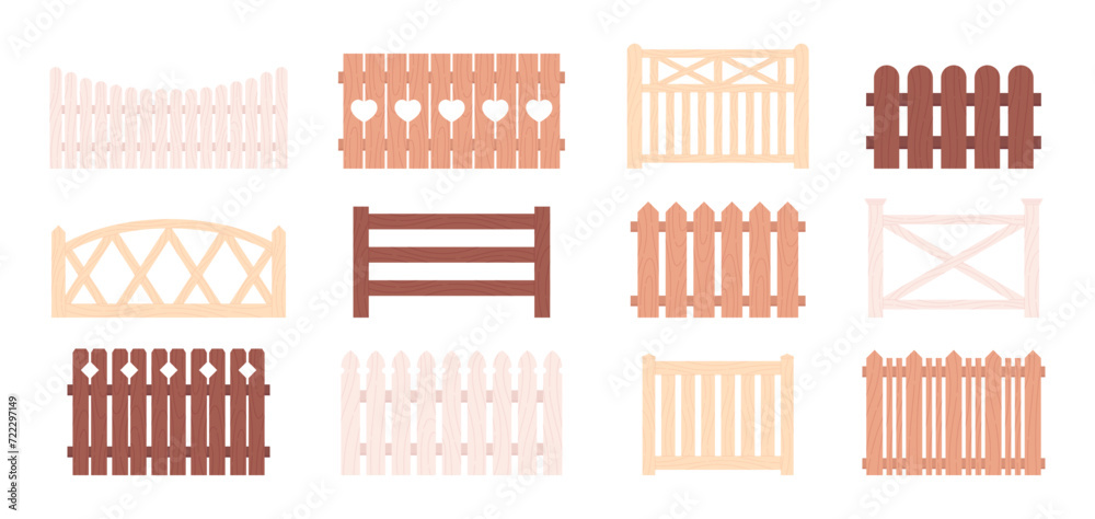 Cartoon fences. Isolated wooden fence, farm or garden railing elements ...