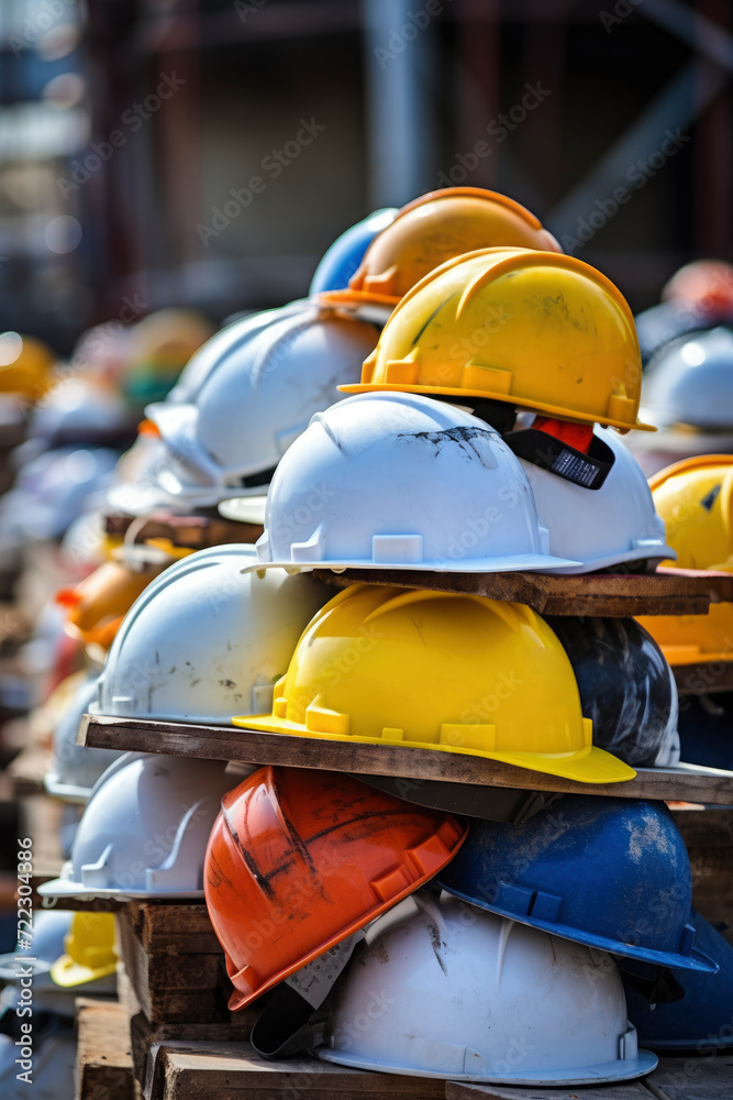 Stack of Safety helmets, white blue and yellow helmets in construction ...
