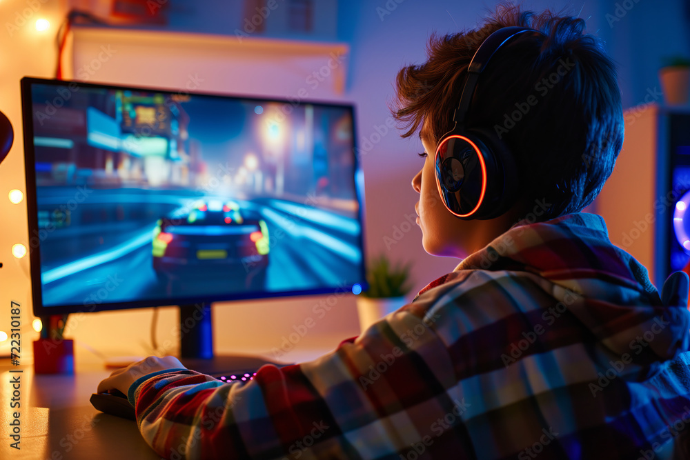 Teenage boy wearing big headphones playing racing game at home. Young ...