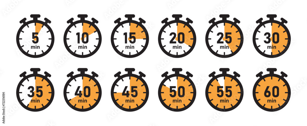 5-minute time counter concept set of clocks or stopwatches vector image ...