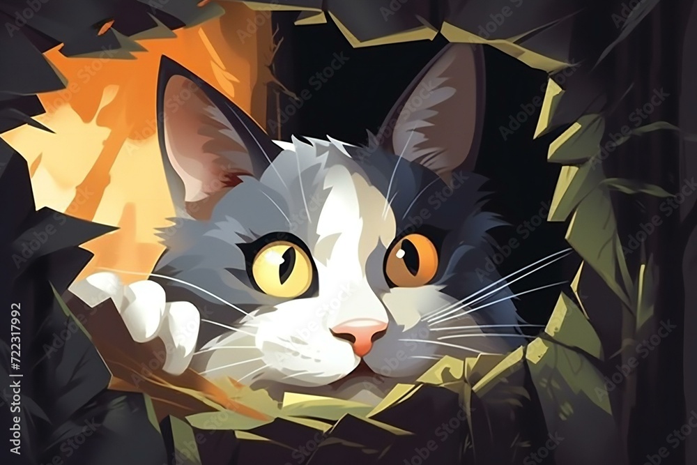 Cartoon cat coming out of a hole in paper Stock Illustration | Adobe Stock