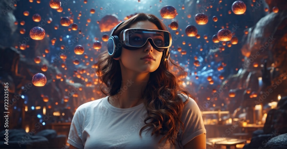 VR creativity Young woman immersed in digital realm with avatars and 3D ...