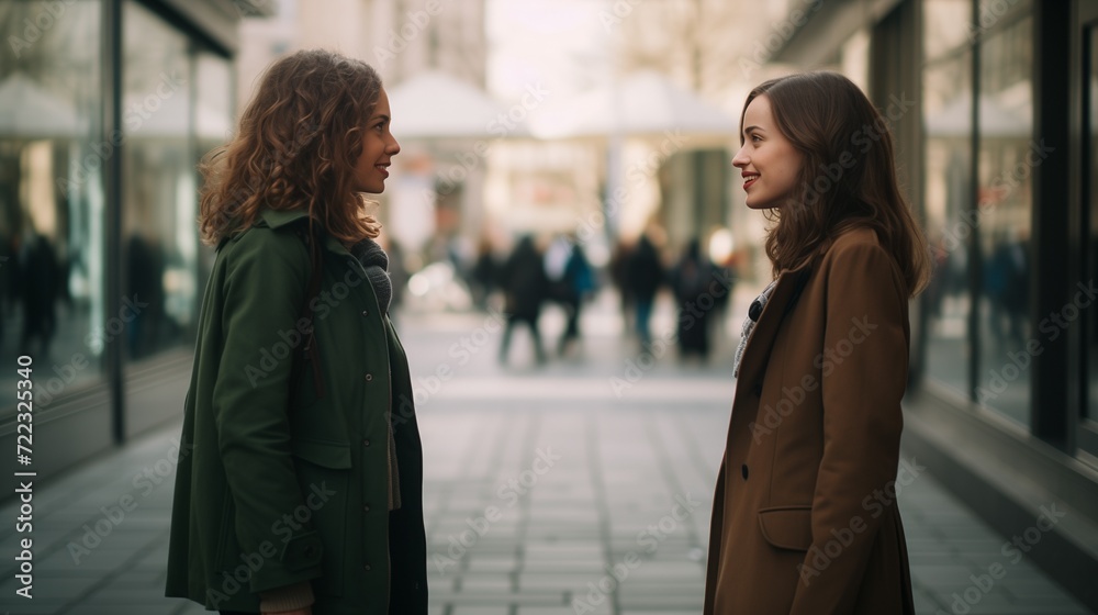 A girl meeting by chance her look-alike or herself from another ...