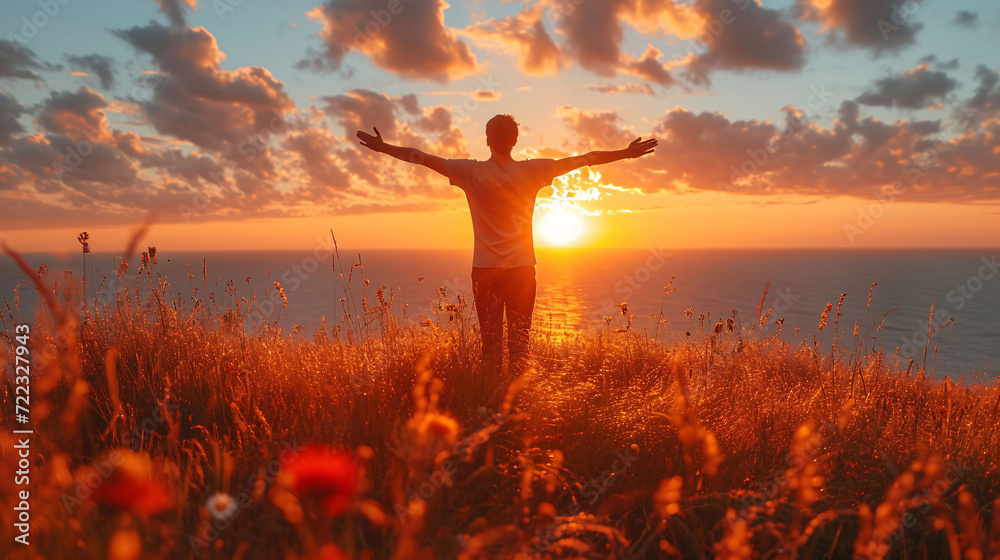 Feelings of hope, power and freedom in nature. Young man standing in a ...