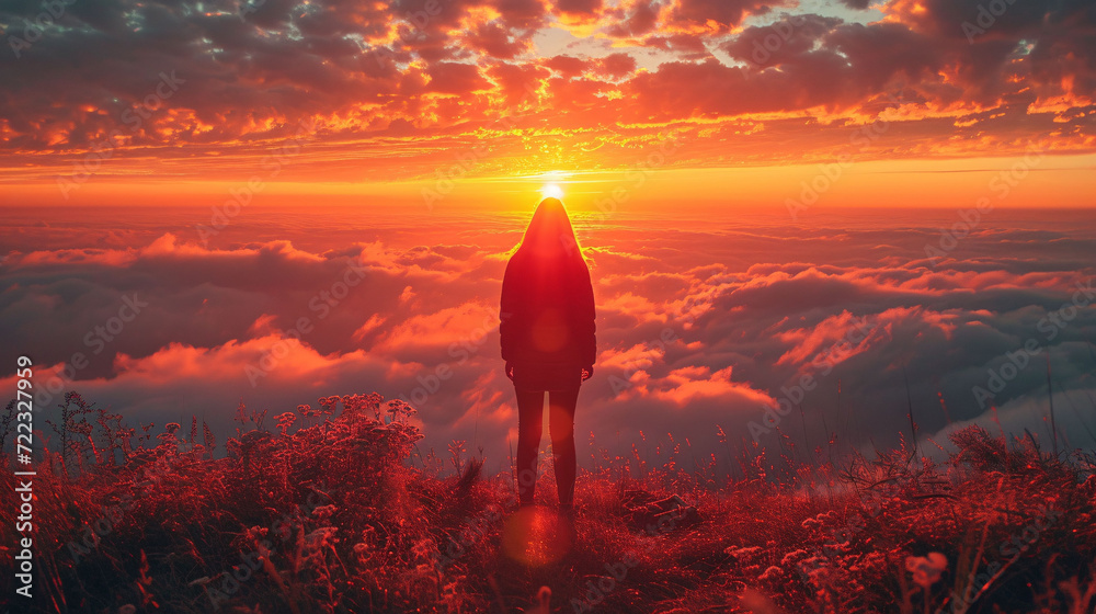 Feelings of hope, power and freedom in nature. Young man standing in a ...
