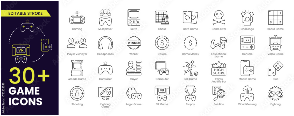 Game Editable Stroke icon set. Gaming icon elements containing points ...