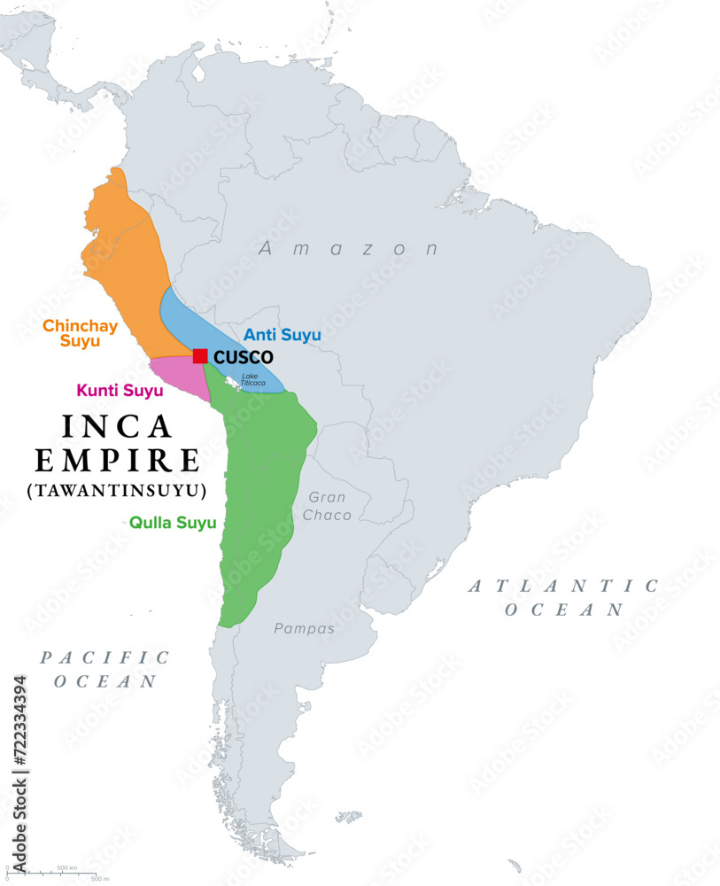 Inca Empire, Tawantinsuyu and its four parts, political map. The ...