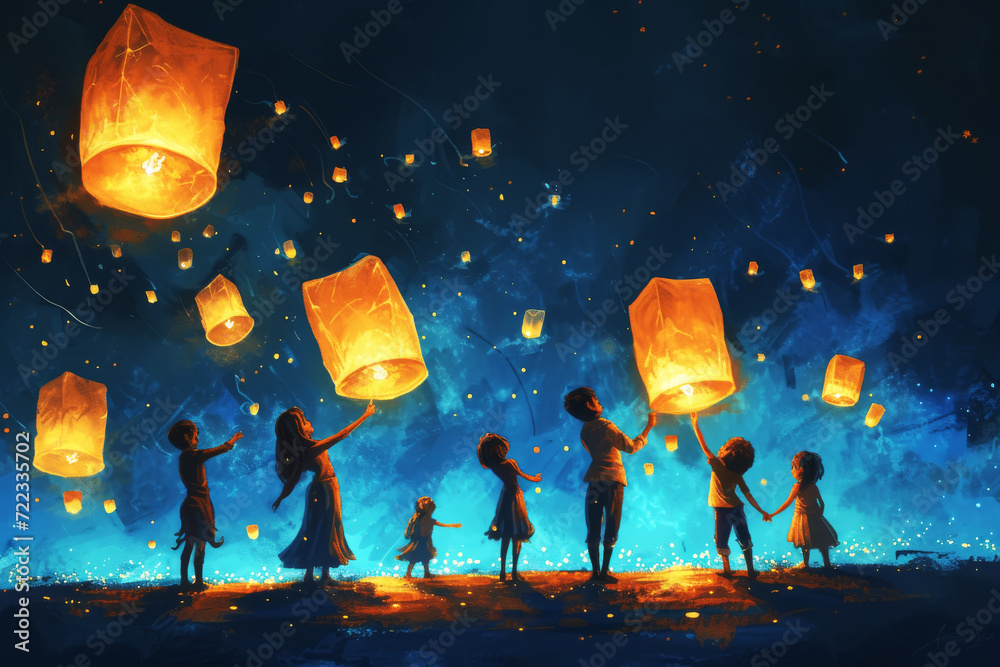 Joyful Lantern Festival with Children Illustration. A cheerful ...