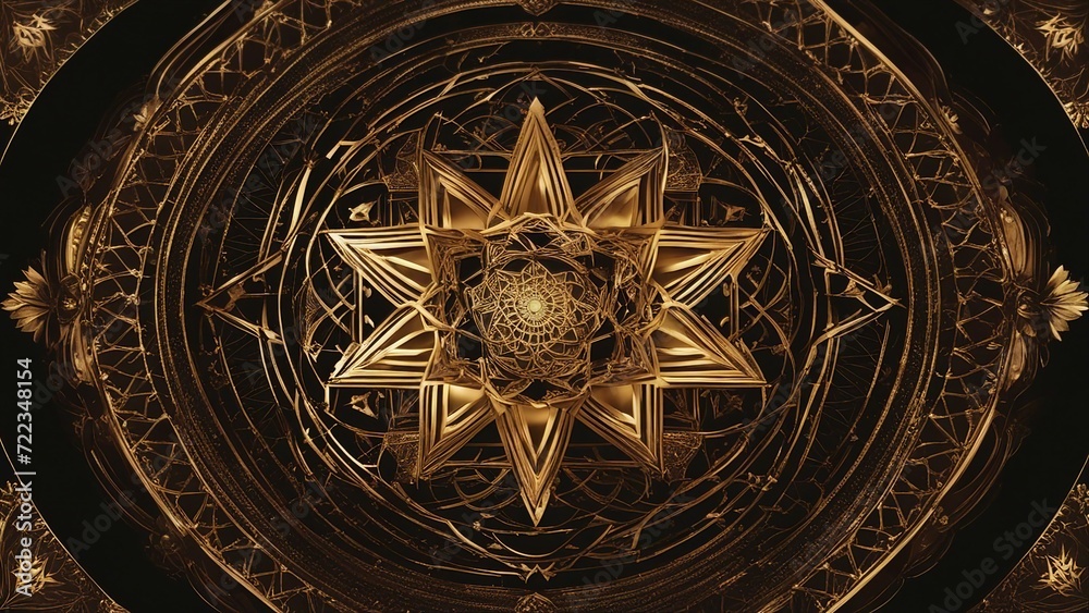 stained glass window in church A golden mandala of sacred geometry on a ...