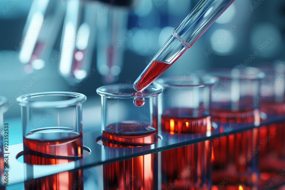 A biology lab scene with a focus on a pipette analyzing a sample ...