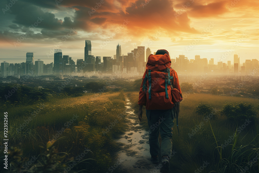 A backpacker trekking a path that winds through both the countryside ...