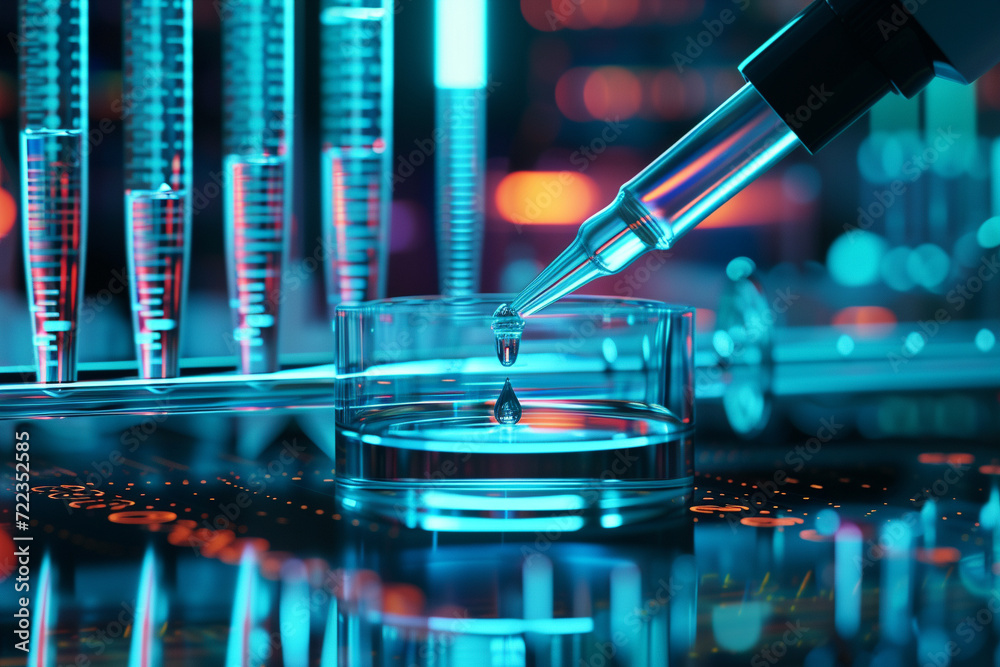 A biology lab scene with a focus on a pipette analyzing a sample ...