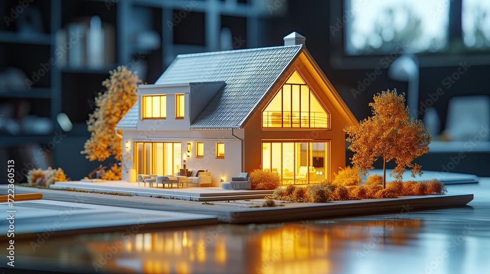 Illuminated Scale Model of a Suburban House With Landscaping During ...