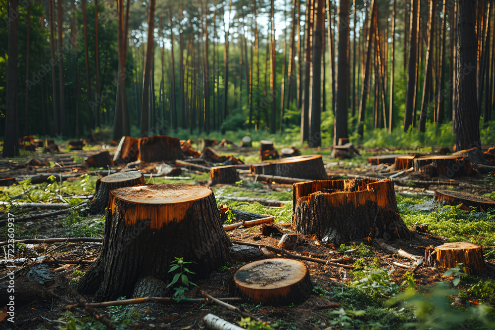 Numerous tree stumps in a summer forest, indicative of deforestation ...