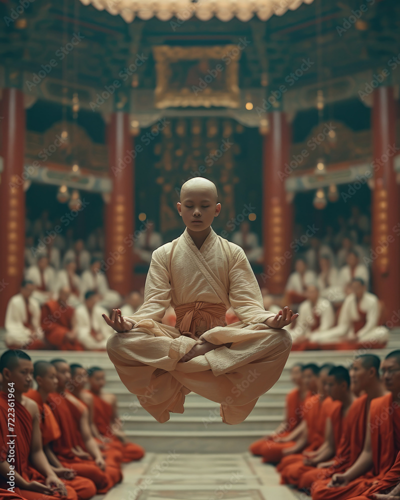 A bald buddhist monk sitting cross legged in the air levitating in a ...