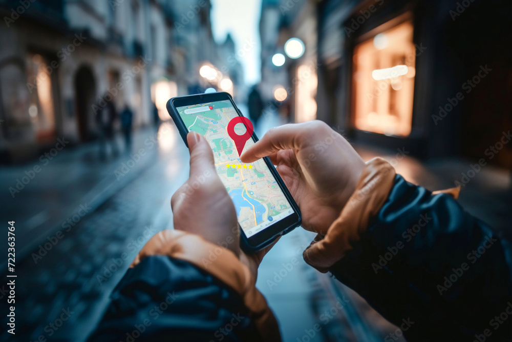 Traveller's hands holding smartphone open map application with red pin ...