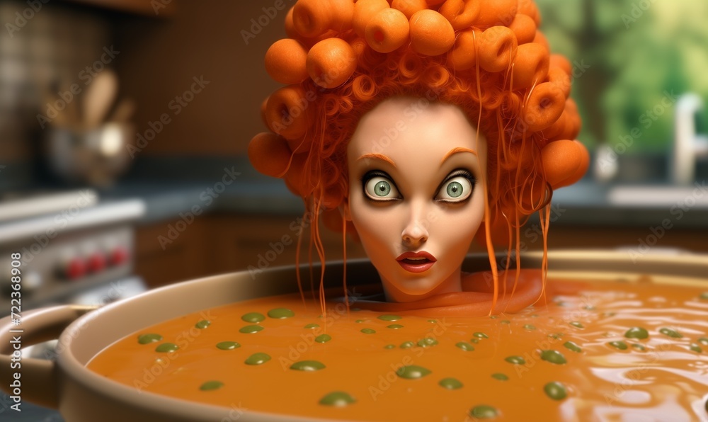 Funny illustration of a girl taking a bath in a bowl of carrot and pea ...